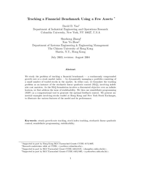 (PDF) Tracking a Financial Benchmark Using a Few Assets