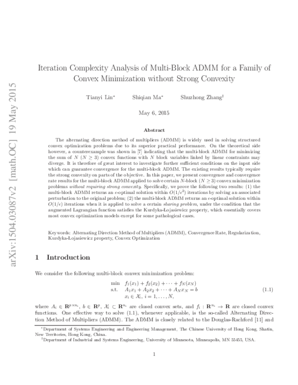 (PDF) Iteration Complexity Analysis of Multi-block ADMM for a Family of Convex Minimization ...