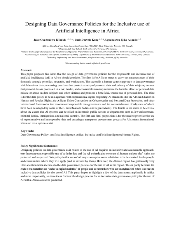 (PDF) Designing Data Governance Policies for the Inclusive use of Artificial Intelligence in Africa