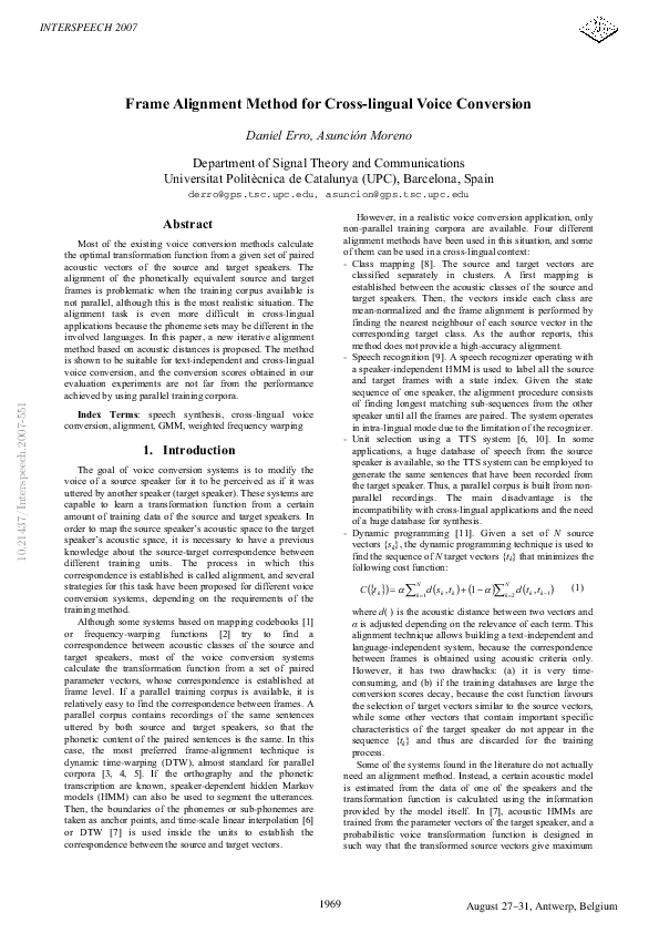 (PDF) Frame alignment method for cross-lingual voice conversion
