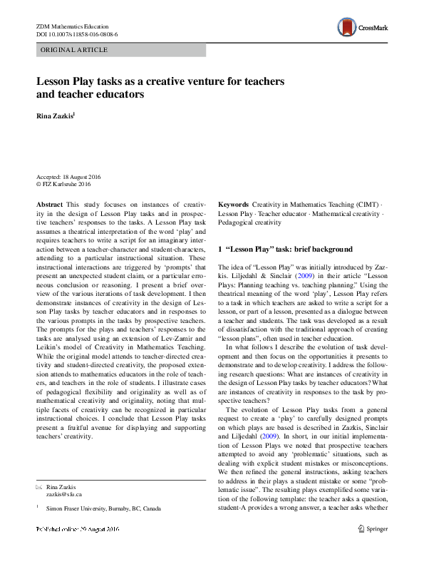 (PDF) Lesson Play tasks as a creative venture for teachers and teacher ...