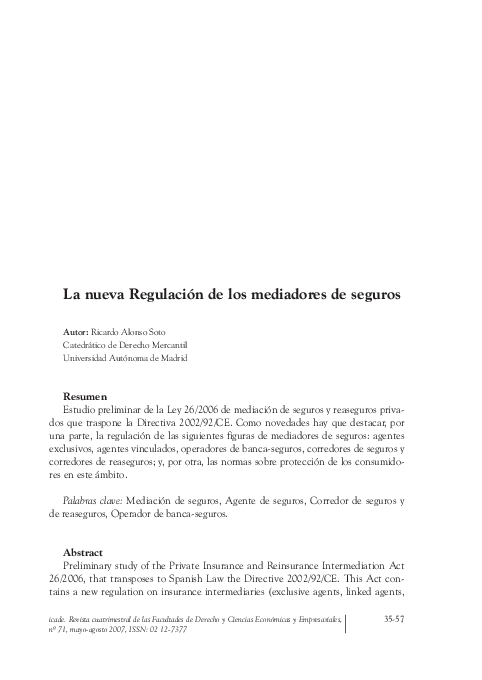 (PDF) La nueva Regulación de los mediadores de seguros