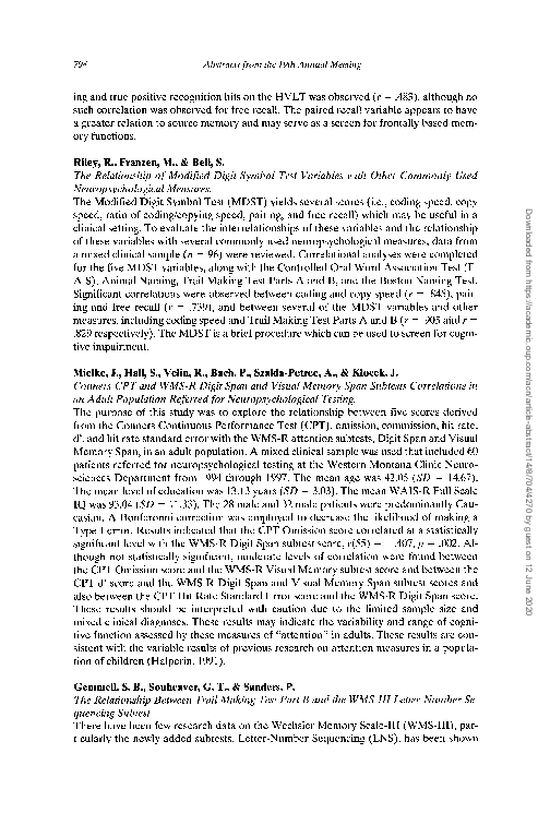 Pdf The Relationship Between Trail Making Test Part B And The Wms Iii