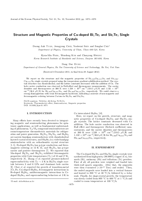 (PDF) Structure and magnetic properties of Cu-doped Bi2Te3 and Sb2Te3 ...