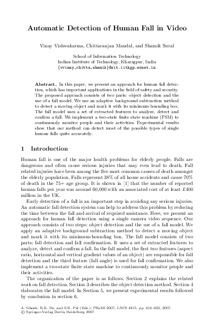 (PDF) Automatic Detection of Human Fall in Video