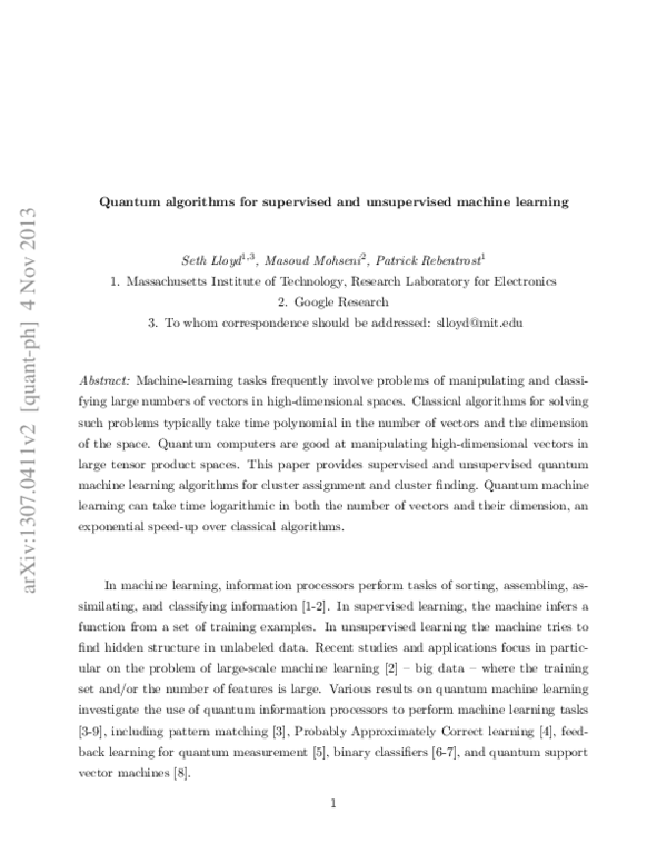 Pdf Quantum Algorithms For Supervised And Unsupervised Machine Learning