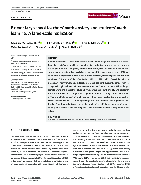 (PDF) Elementary school teachers' math anxiety and students' math ...