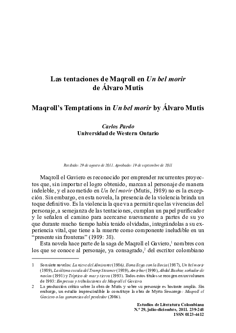 (PDF) Las tentaciones de Maqroll en Un bel morir de Álvaro Mutis
