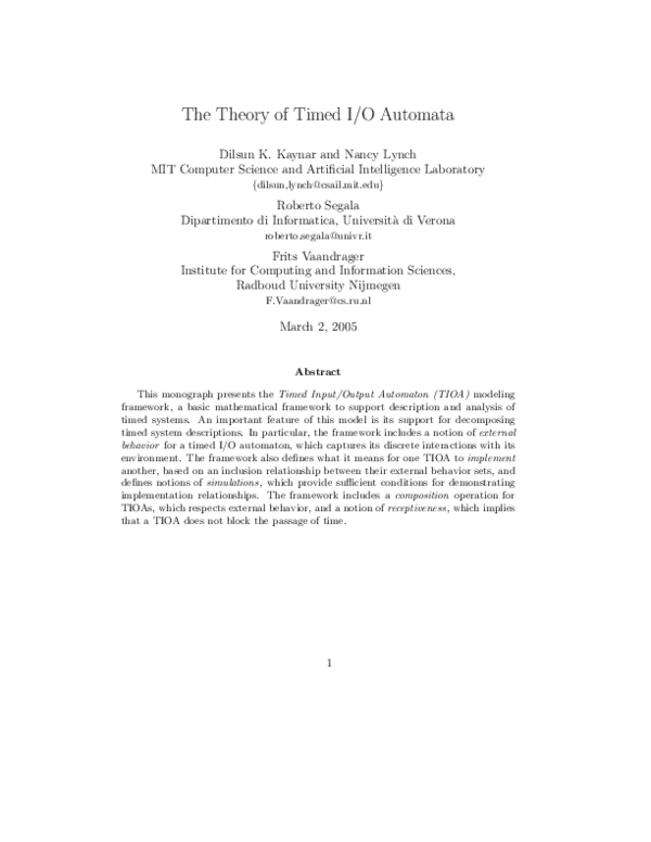 (PDF) The Theory of Timed I/O Automata