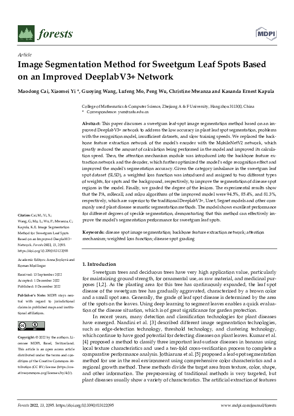 (PDF) Image Segmentation Method for Sweetgum Leaf Spots Based on an Improved DeeplabV3+ Network