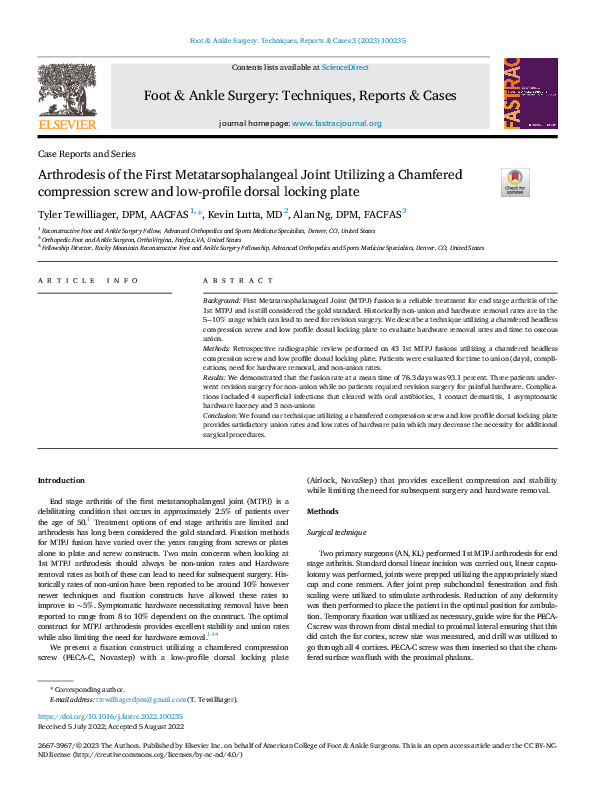 (PDF) Arthrodesis of the First Metatarsophalangeal Joint Utilizing a ...