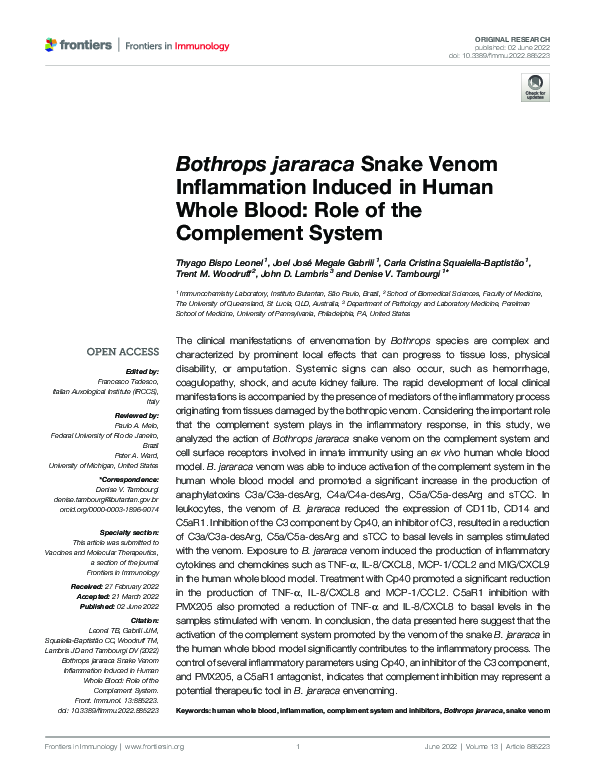 (PDF) Bothrops jararaca Snake Venom Inflammation Induced in Human Whole ...