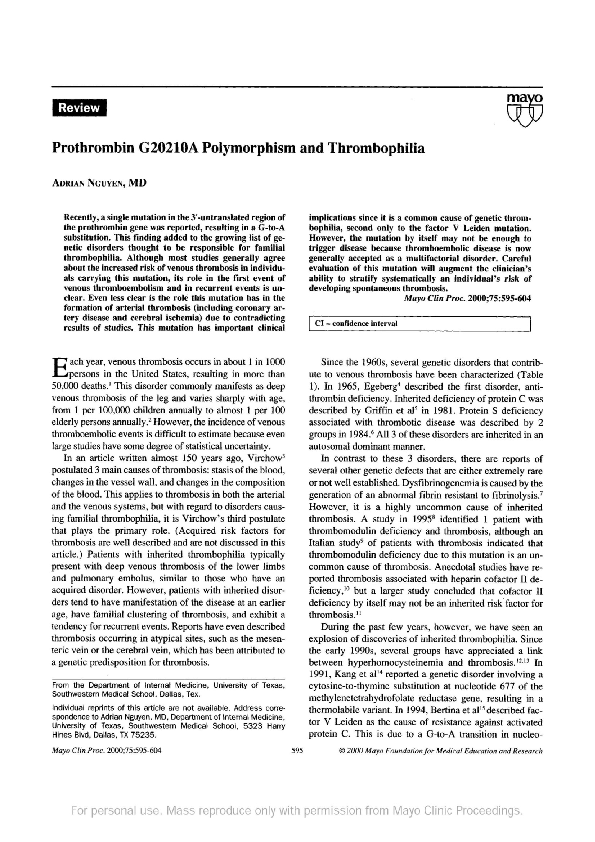 (PDF) Prothrombin G20210A Polymorphism and Thrombophilia | Adrian ...