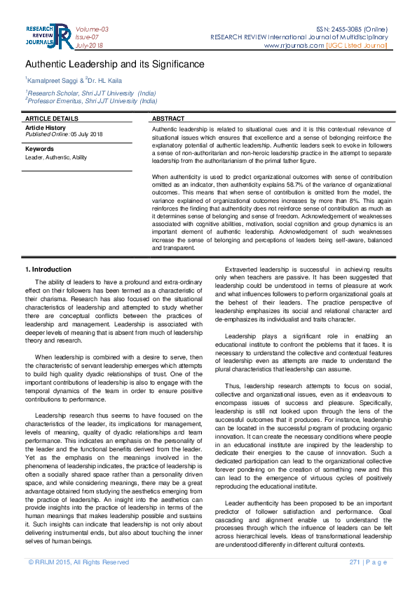 (PDF) Authentic Leadership And Its Significance