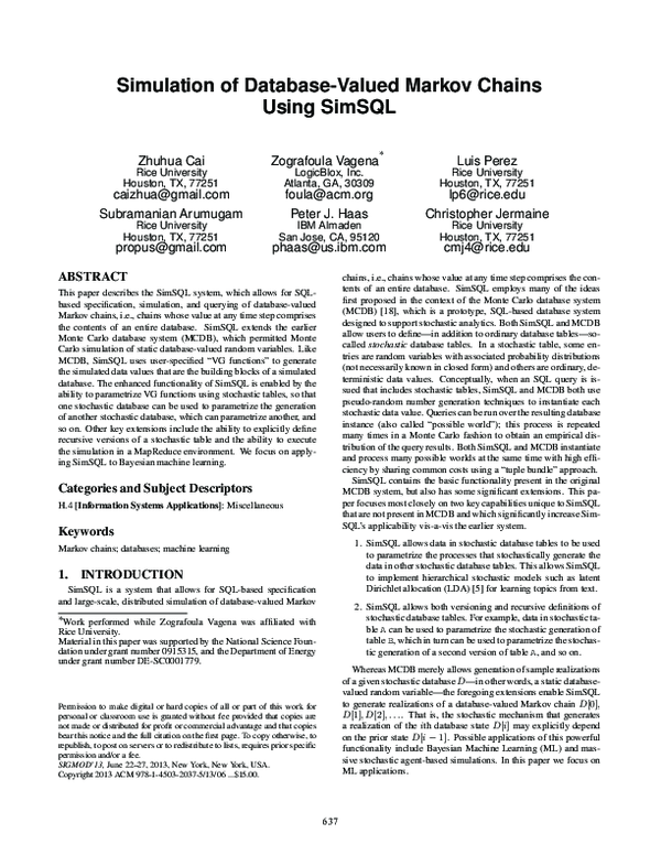 Pdf Simulation Of Database Valued Markov Chains Using Simsql