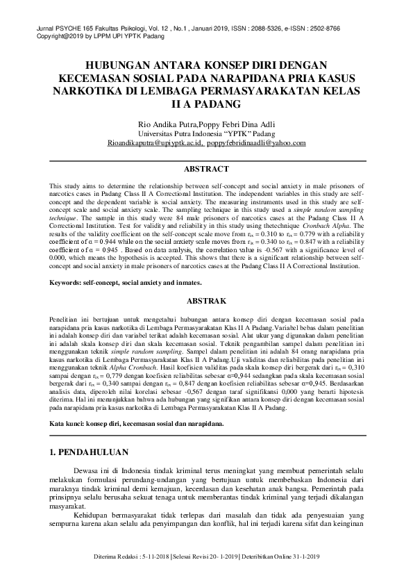 (PDF) Hubungan Antara Konsep Diri dengan Kecemasan Sosial pada Narapidana Pria Kasus Narkotika ...