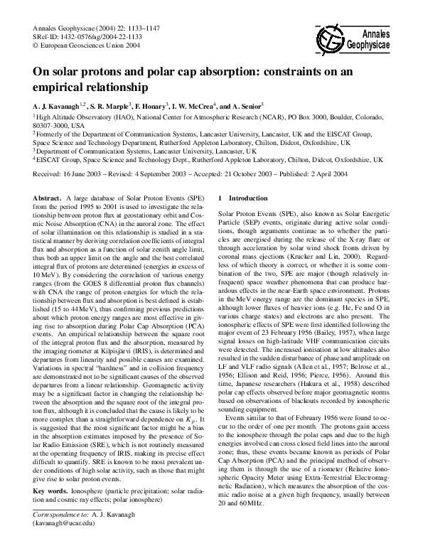 (PDF) On solar protons and polar cap absorption: constraints on an ...