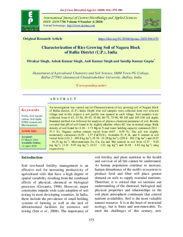 (PDF) Characterization of Rice Growing Soil of Nagara Block of Ballia District (U.P.), India