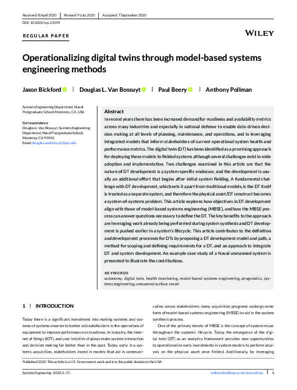 (PDF) Operationalizing digital twins through model‐based systems engineering methods