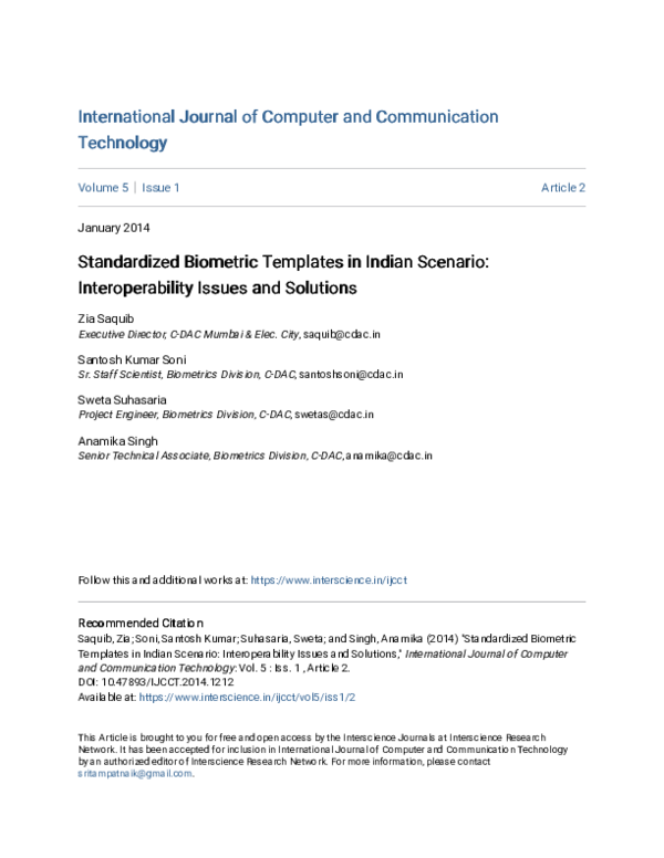 Pdf Standardized Biometric Templates In Indian Scenario Interoperability Issues And Solutions