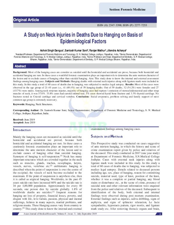 (PDF) A Study on Neck Injuries in Deaths Due to Hanging on Basis of ...