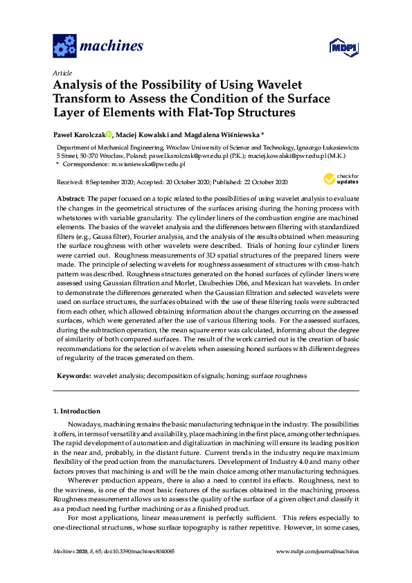 (PDF) Analysis of the Possibility of Using Wavelet Transform to Assess the Condition of the ...