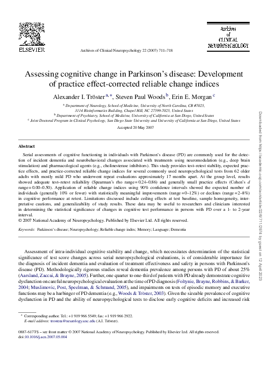 (PDF) Assessing cognitive change in Parkinson's disease: Development of ...