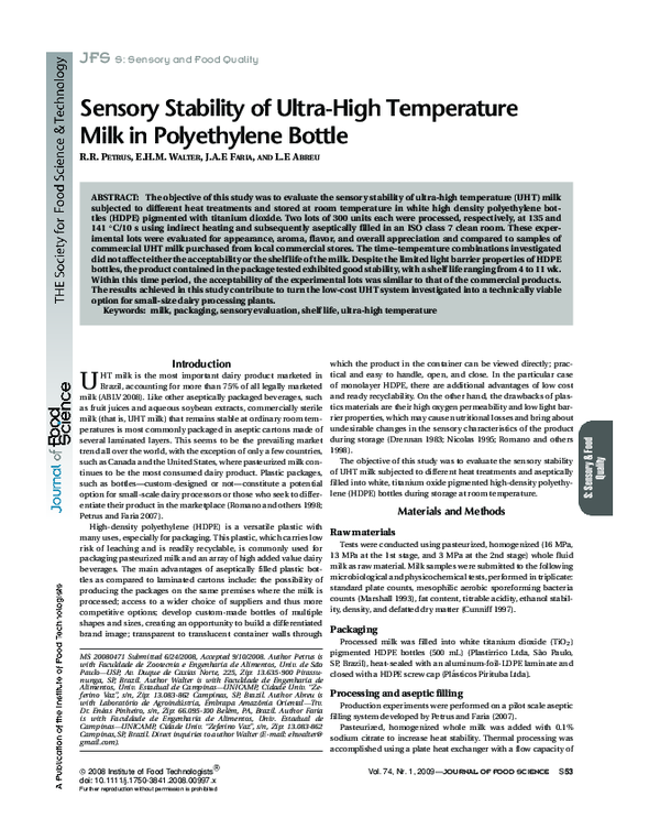 (PDF) Sensory Stability of Ultra-High Temperature Milk in Polyethylene ...