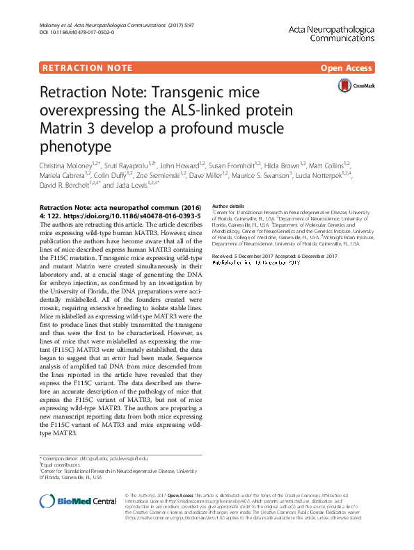 (PDF) Retraction Note: Transgenic mice overexpressing the ALS-linked ...