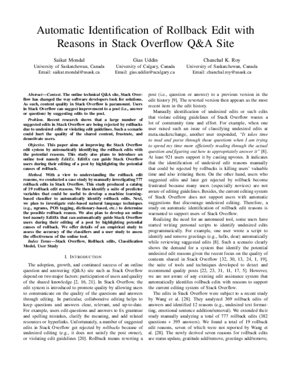 Pdf Automatic Identification Of Rollback Edit With Reasons In Stack Overflow Qanda Site Gias