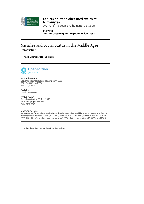(PDF) Miracles and Social Status in the Middle Ages