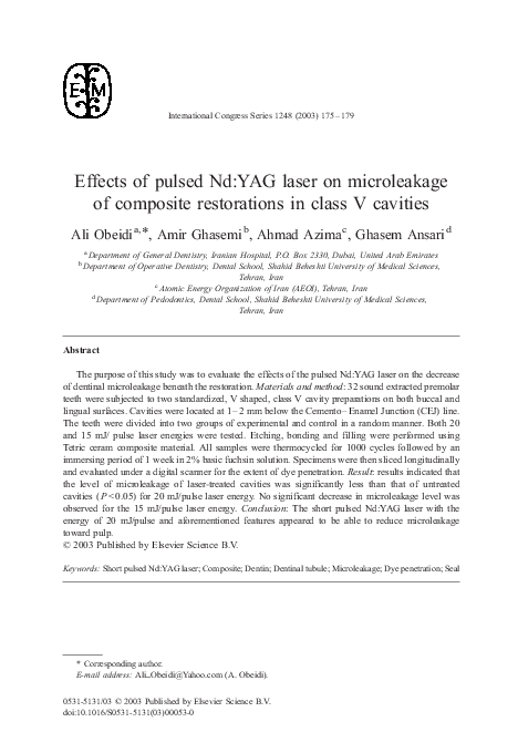 Pdf Effects Of Pulsed Nd Yag Laser On Microleakage Of Composite Restorations In Class V Cavities