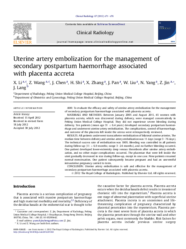 (PDF) Uterine artery embolization for the management of secondary ...