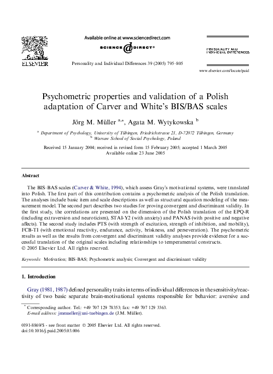 (PDF) Psychometric properties and validation of a Polish adaptation of ...