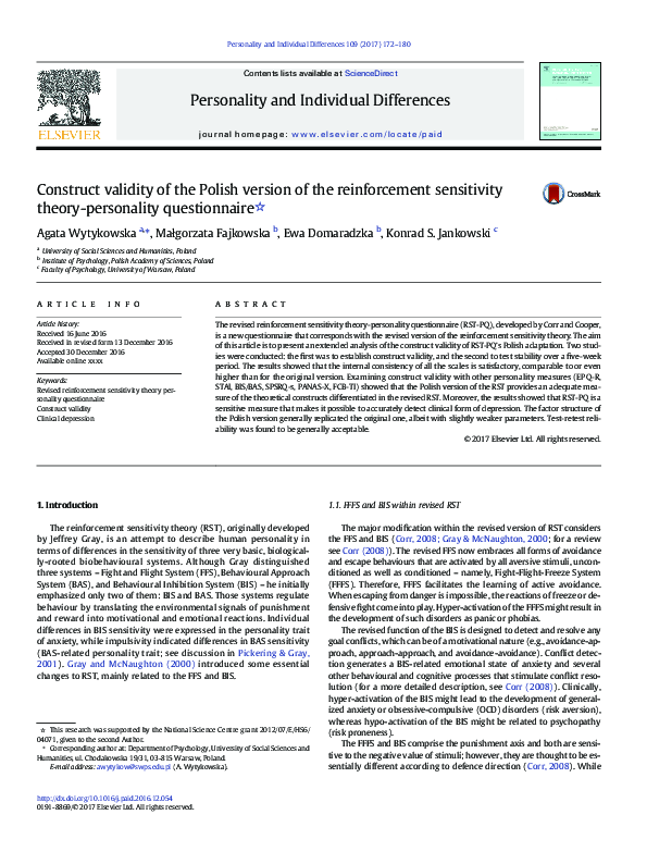 (PDF) Construct validity of the Polish version of the reinforcement sensitivity theory ...