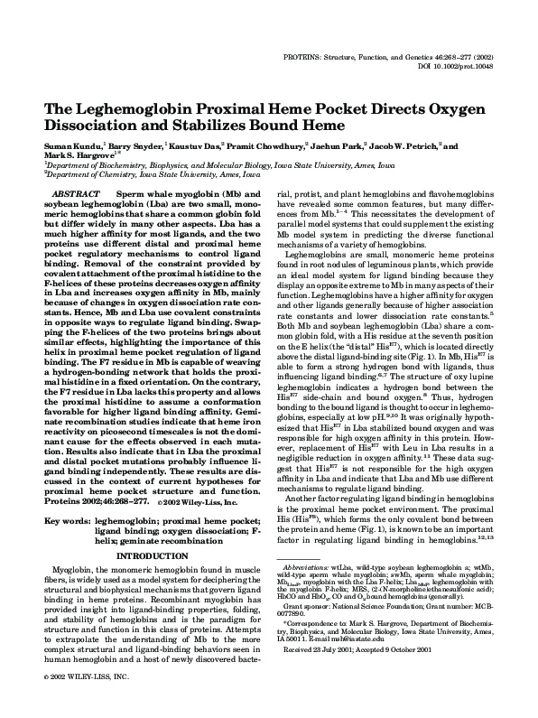 (PDF) The leghemoglobin proximal heme pocket directs oxygen ...