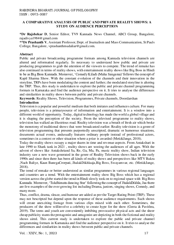(PDF) A COMPARATIVE ANALYSIS OF PUBLIC AND PRIVATE REALITY SHOWS: A ...