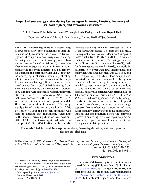 (PDF) Impact of sow energy status during farrowing on farrowing ...