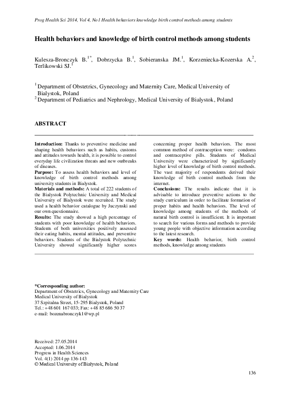 (PDF) Health behaviors and knowledge of birth control methods among ...