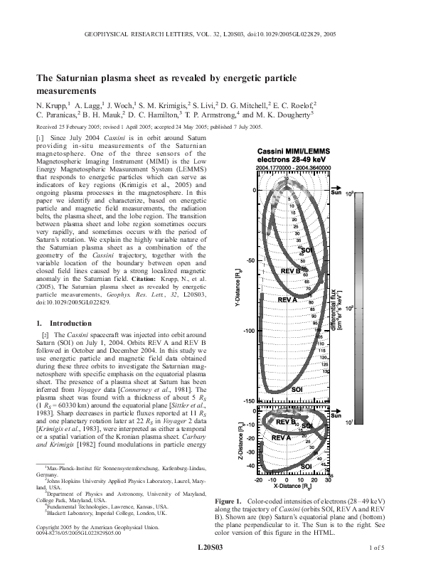 (PDF) The Saturnian plasma sheet as revealed by energetic particle ...