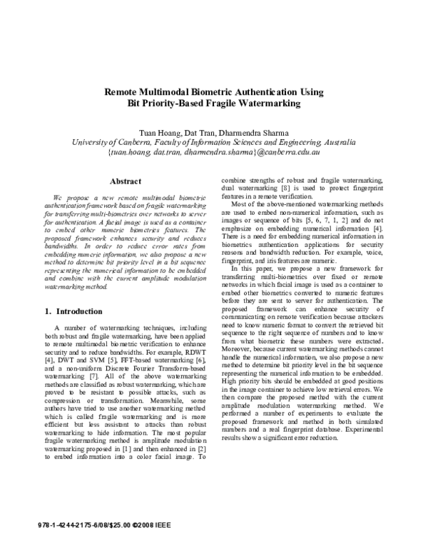 Pdf Remote Multimodal Biometric Authentication Using Bit Priority Based Fragile Watermarking 