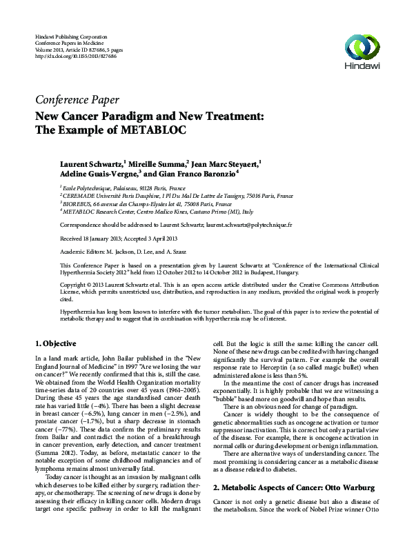 (PDF) New Cancer Paradigm and New Treatment: The Example of METABLOC
