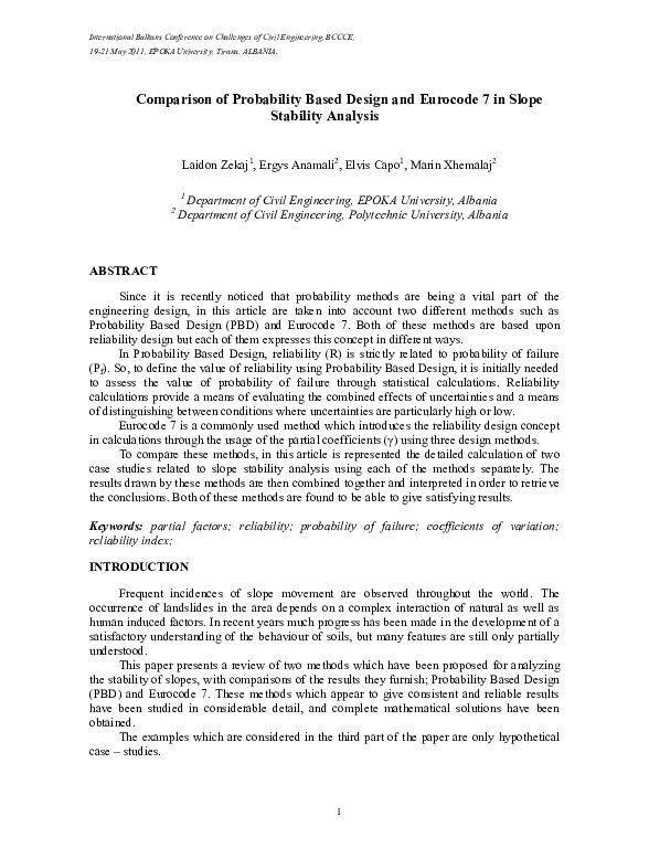 (PDF) Comparison of Probability Based Design and Eurocode 7 in Slope Stability Analysis