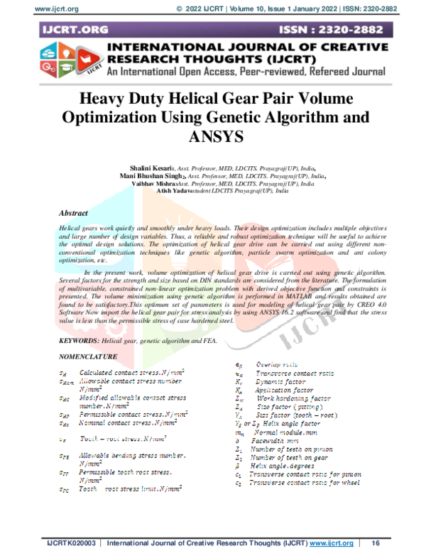 (PDF) Heavy Duty Helical Gear Pair Volume Optimization Using Genetic Algorithm and ANSYS