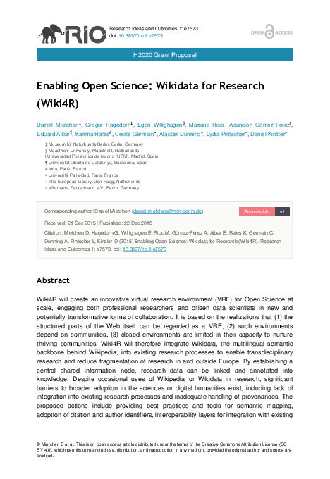 (PDF) Enabling Open Science: Wikidata for Research (Wiki4R)