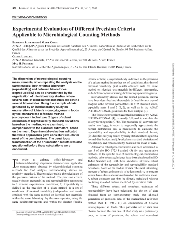 (PDF) Experimental evaluation of different precision criteria applicable to microbiological ...