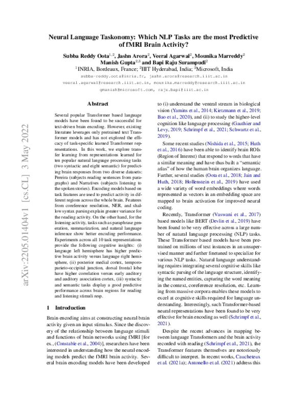 Pdf Neural Language Taskonomy Which Nlp Tasks Are The Most Predictive Of Fmri Brain Activity