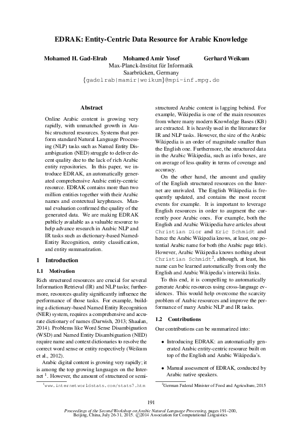(PDF) EDRAK: Entity-Centric Data Resource for Arabic Knowledge