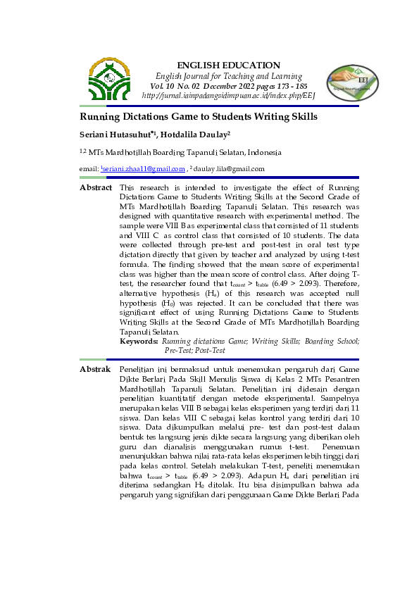 (PDF) Running Dictations Game to Students Writing Skills