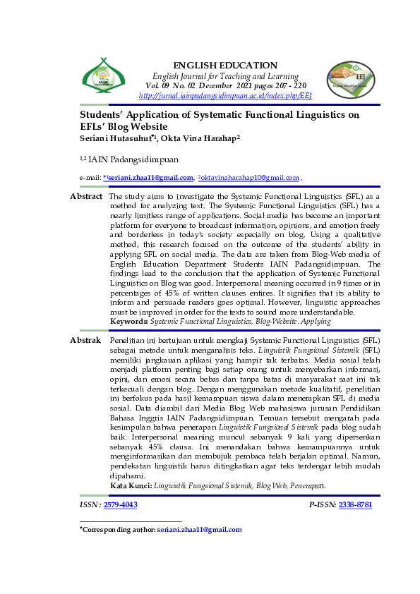 (PDF) Students’ Application of Systematic Functional Linguistics on ...
